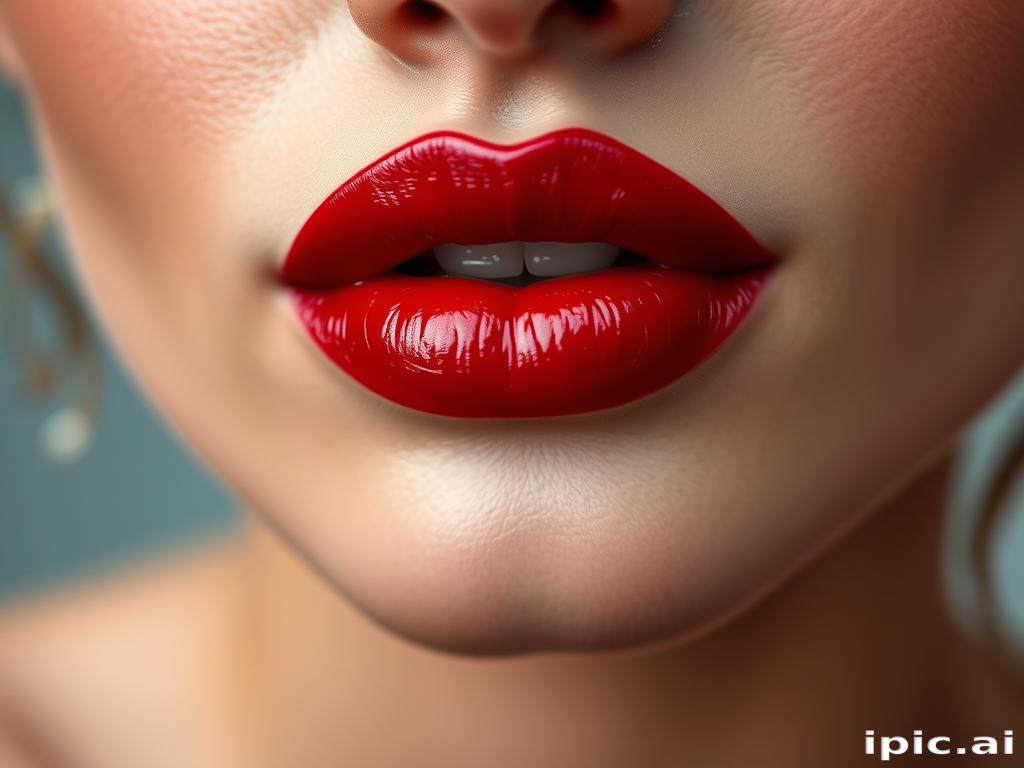 Close-Up of Glossy Red Lips Highlighting Beauty and Elegance in Makeup