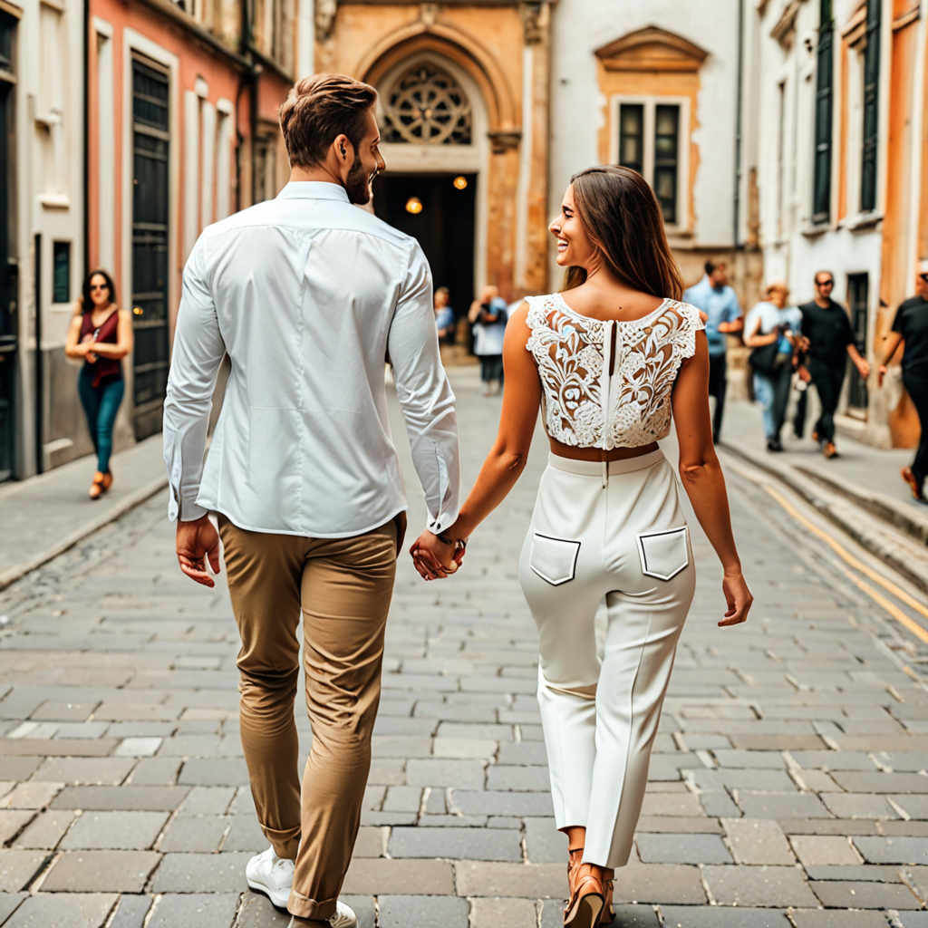 girl is smiling while walking her lover is looking at her from back