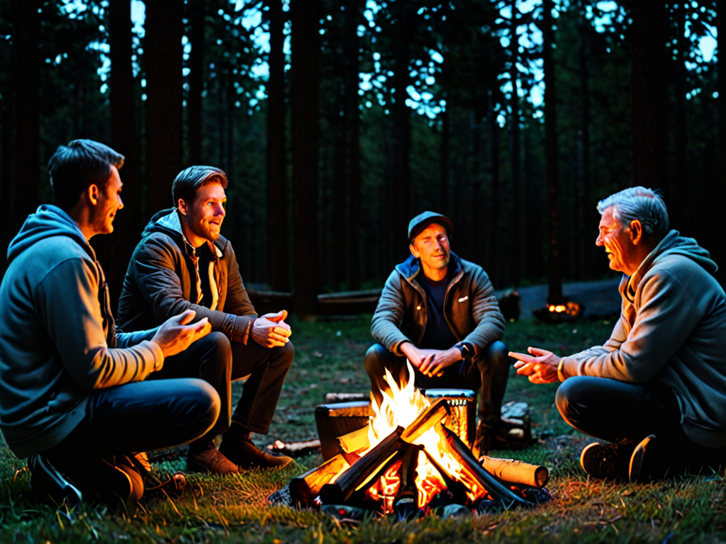a man telling a story to people around a camp fire outside at night.