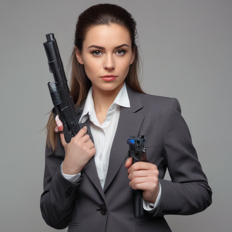 brunette woman in suit holding a gun