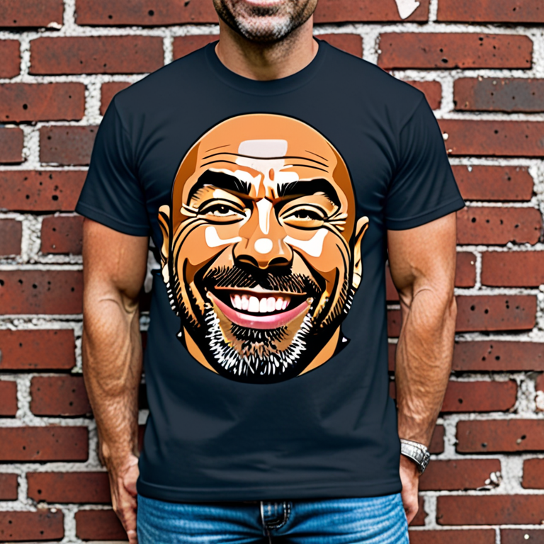 panoramic view of a T-shirt with Joe Rogan's iconic grin printed on it.