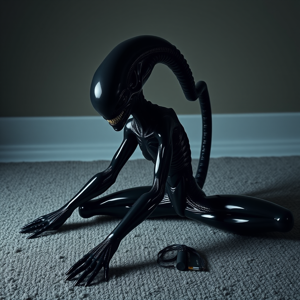 Futuristic Alien Figure Sitting on Carpet with Tech Accessories Nearby