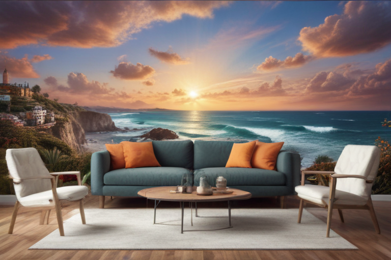 Cozy Living Room with Stunning Ocean Sunset View and Colorful Decor
