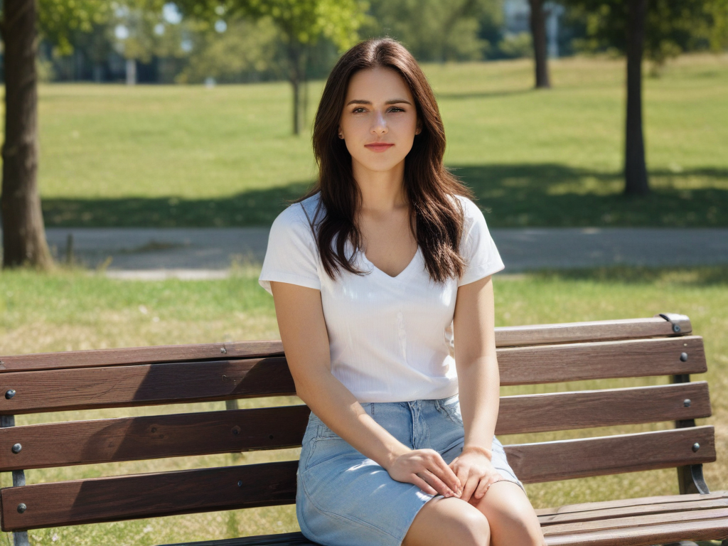 a woman with huge cheat sitting on a bench a sunny day