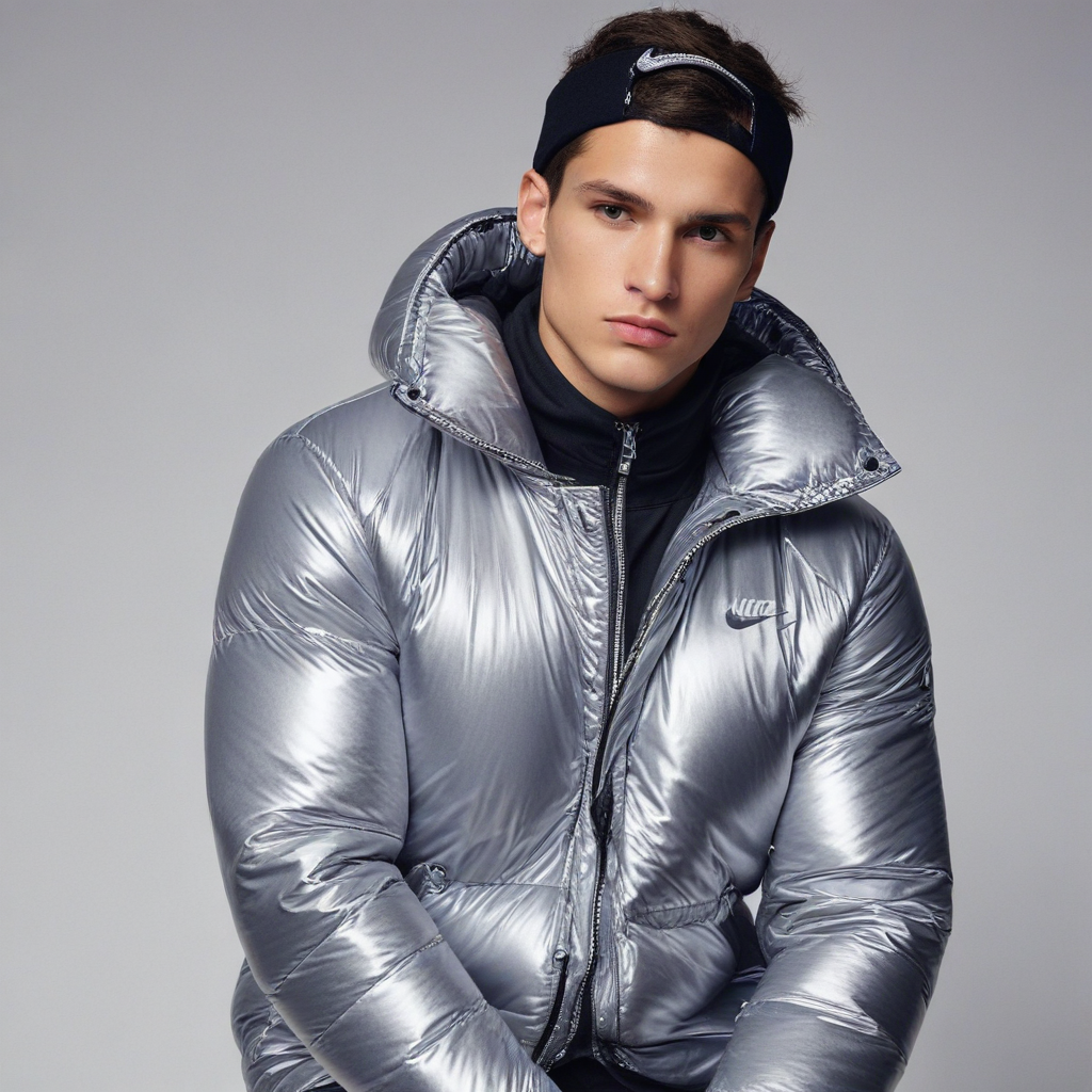 Male supermodel nike shiny puffer jacket bling jewellery hood headband
