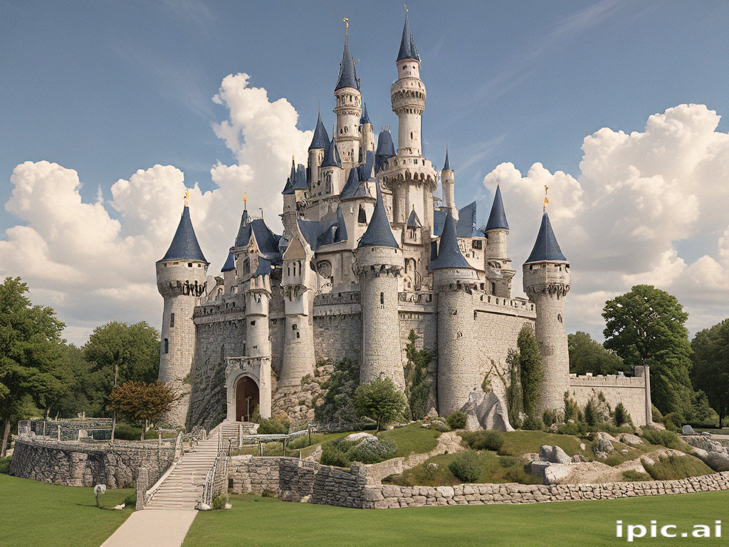 A Majestic Fairy Tale Castle Surrounded by Lush Greenery and Blue Skies.