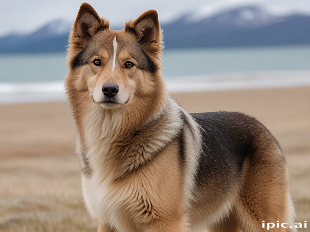 A Majestic Dog Standing Proudly Against a Scenic Coastal Background.