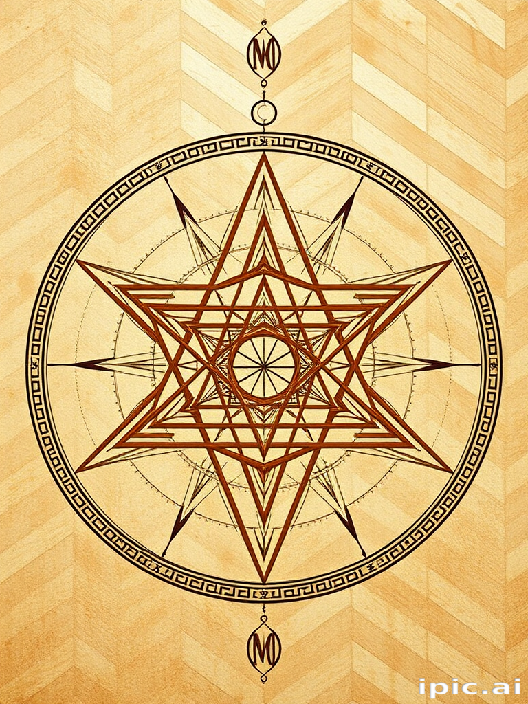 Intricate Geometric Star Design with Circular Patterns on Wooden Background