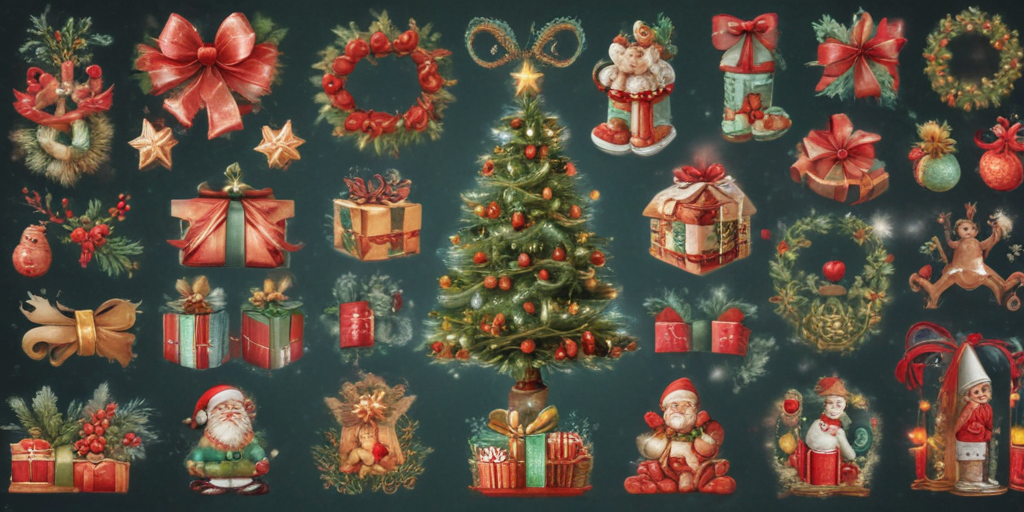 Festive Collection of Christmas Decorations, Gifts, and Cheerful Characters
