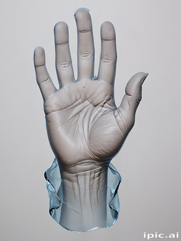 Translucent Hand Sculpture Emerging from a Solid, Glass-like Surface