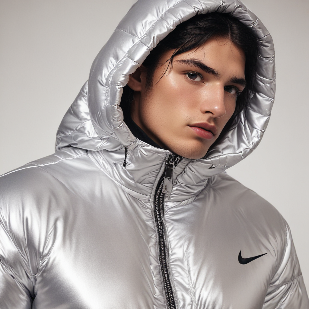 Male supermodel nike shiny puffer jacket bling jewellery hood