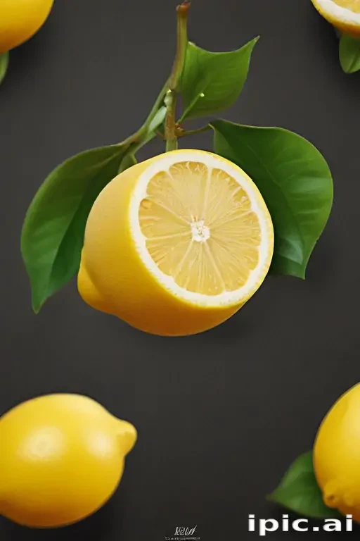 Freshly Cut Lemon with Green Leaves Against a Dark Background