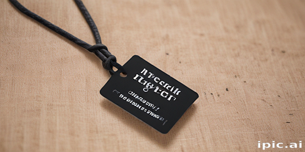 Stylish Black Tag with Unique Design and Text on a Rope
