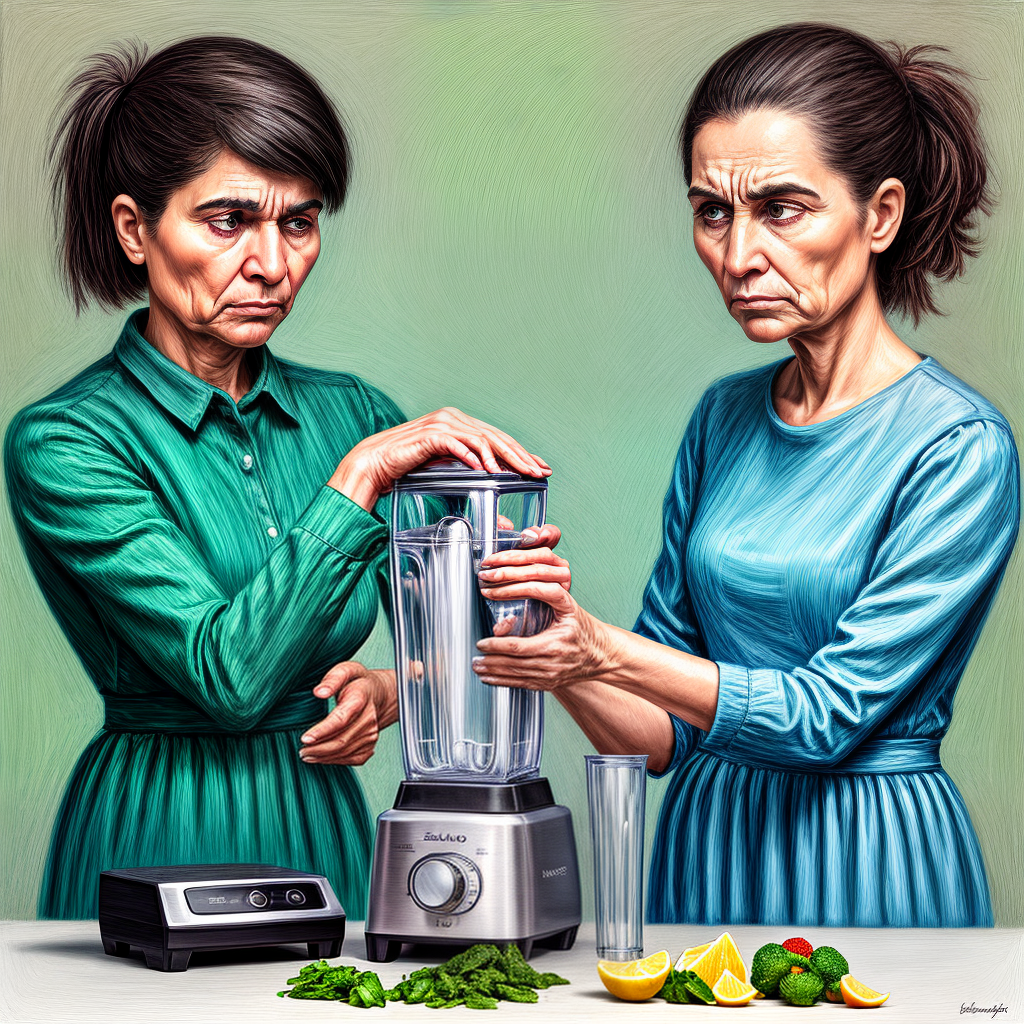 sad woman holding a blender