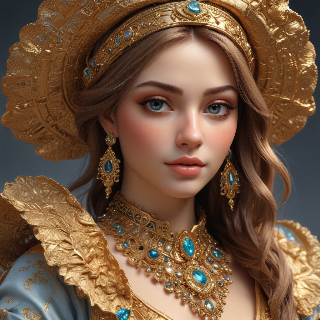 Elegant Portrait of a Young Woman in Opulent Golden Attire and Jewelry