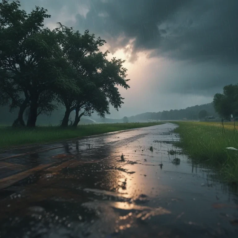 Serene Landscape Captured During a Rainstorm with Dramatic Cloudy Sky
