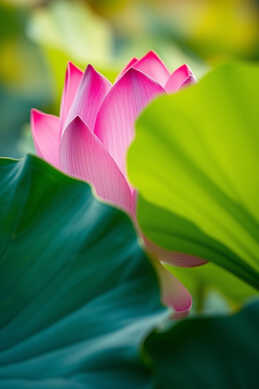 Delicate Pink Lotus Flower Emerging from Lush Green Leaves in Nature