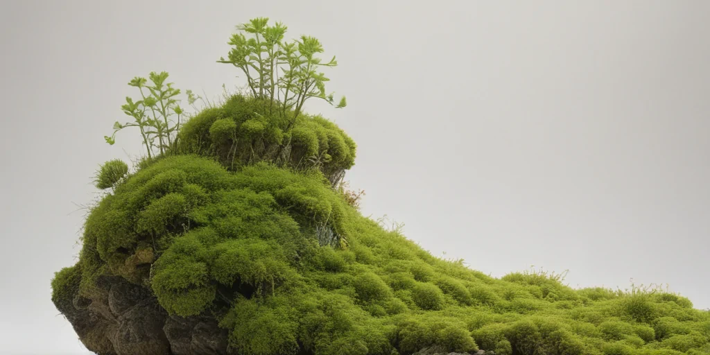 Vibrant Green Moss Landscape with Delicate Plants Growing on Rock Formation