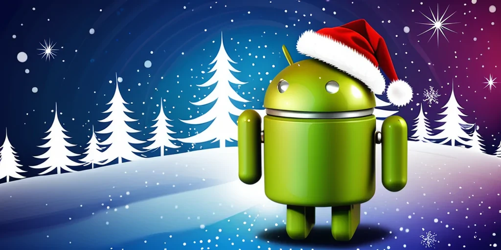 Joyful Android Character Celebrating Christmas in a Winter Wonderland Scene