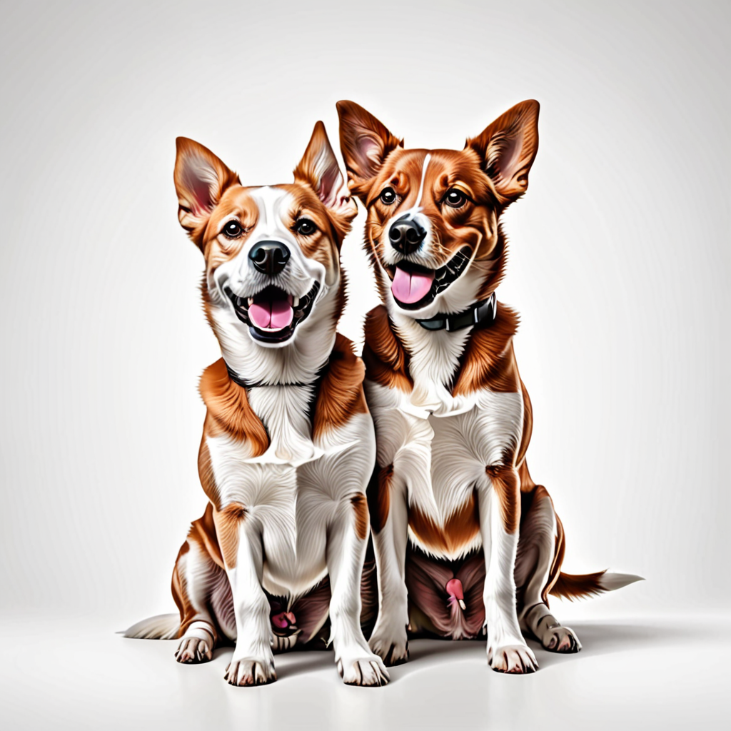 happy cute, 2 dogs, playing, white background, realistic graphic design ...
