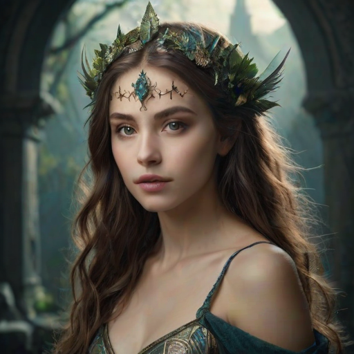 Enchanted Forest Queen Adorned with Nature-Inspired Crown and Elegant Gown