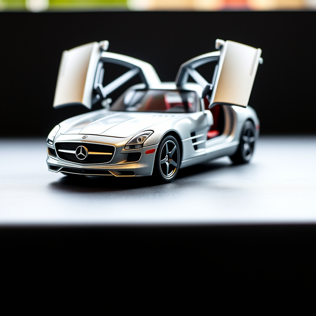 Stunning Silver Mercedes-Benz SLS AMG Model with Iconic Gullwing Doors Open