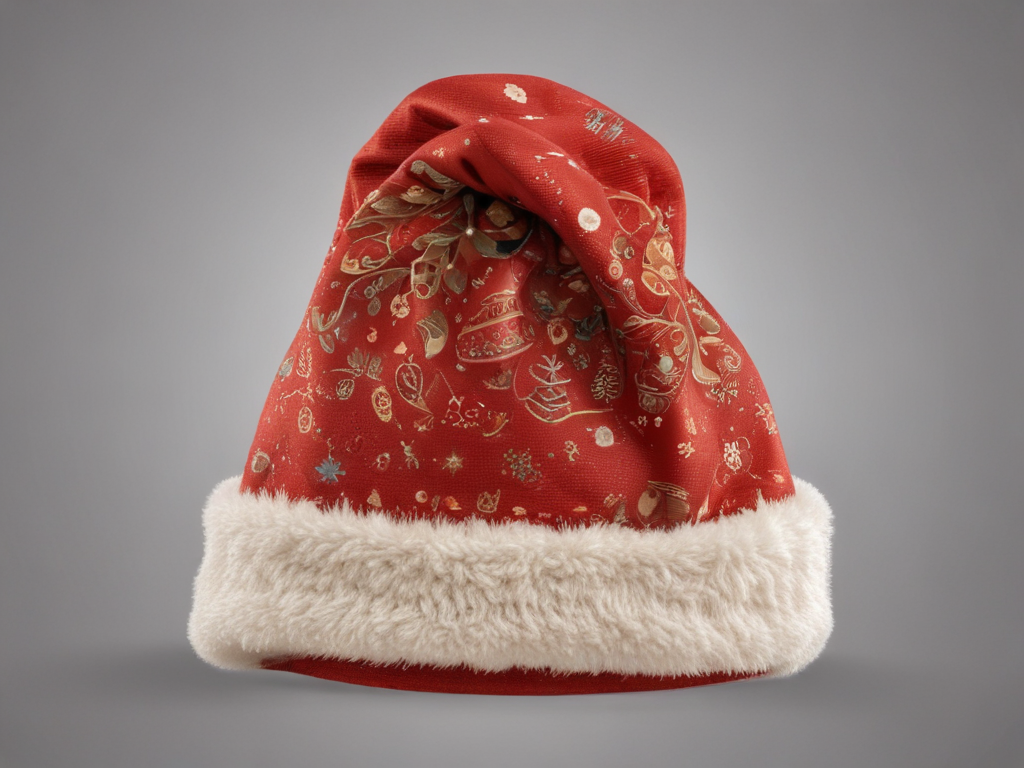 Festive Red Santa Hat with Whimsical Holiday Patterns and Soft White Trim