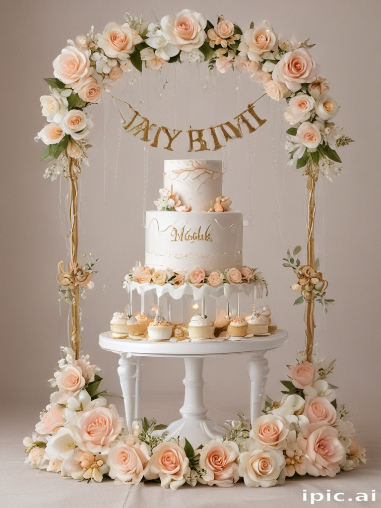 Elegant Floral Birthday Cake Display Surrounded by Delicate Rose ...