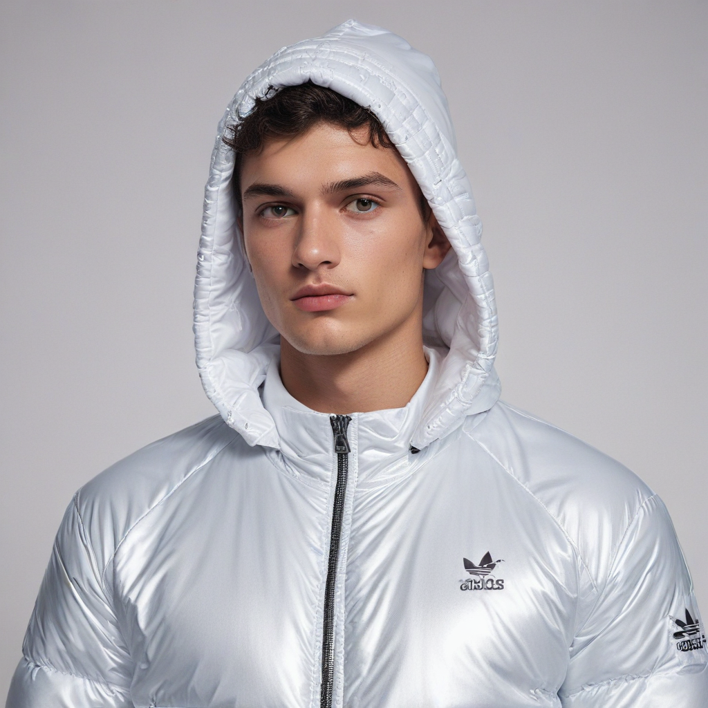 Male supermodel adidas shiny puffer jacket bling jewellery hood headband