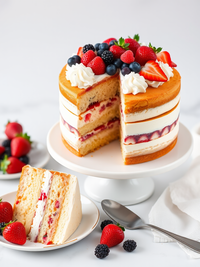 Delicious Layered Cake Topped with Fresh Berries and Whipped Cream Delight