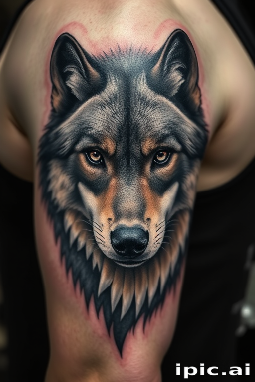 Stunning Realistic Wolf Tattoo Design on the Upper Arm of a Person