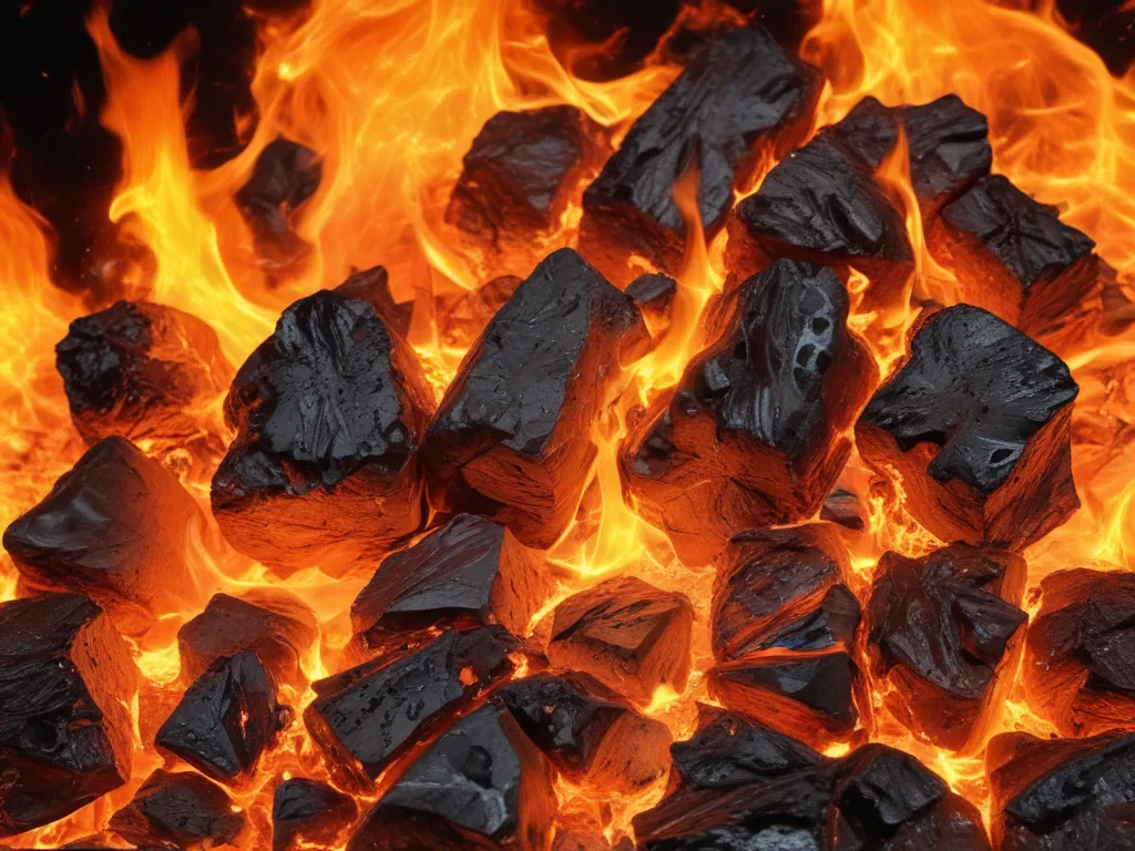 Glowing Embers and Flames Dancing Amongst Charcoal Rocks in Fire