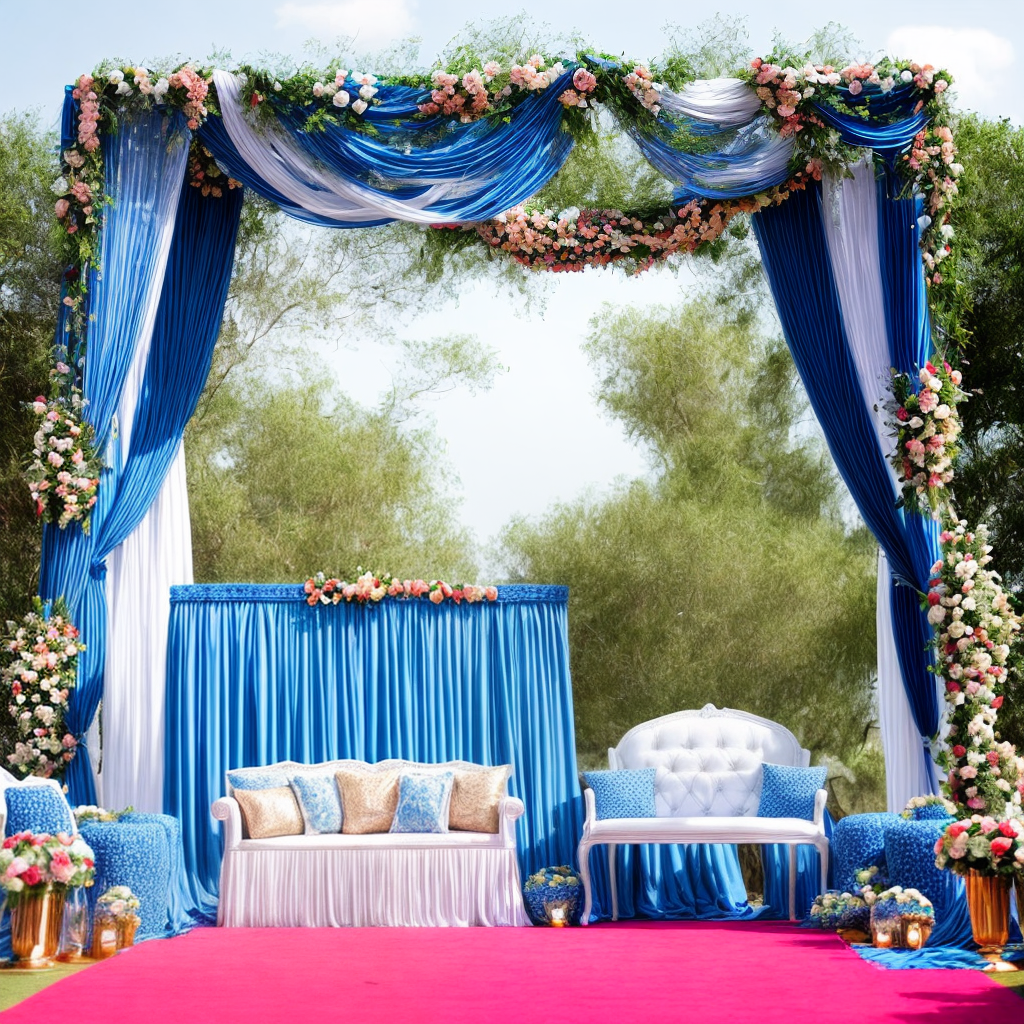 create me a couple seating stage with sofa and havey decorated backdrop ...