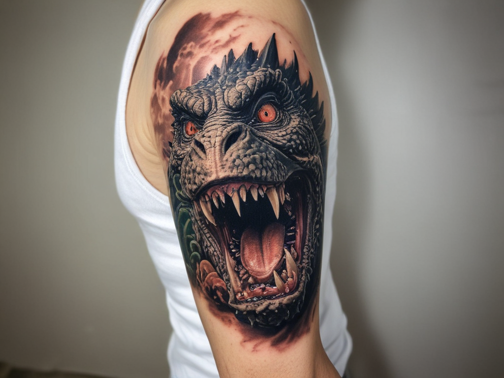 Godzilla tattoo on upper arm