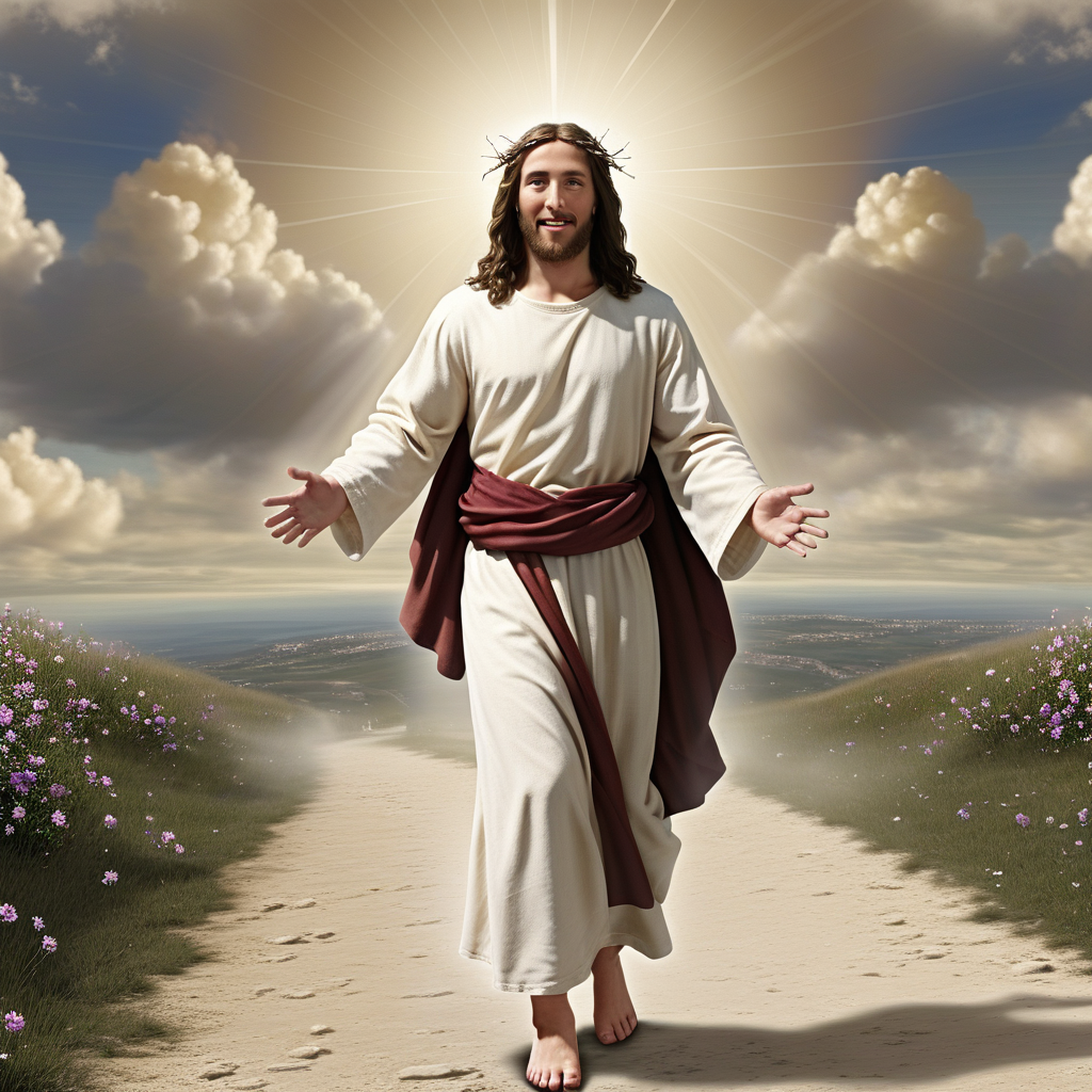 Jesus Christ Walking on a Path Surrounded by Nature and Light
