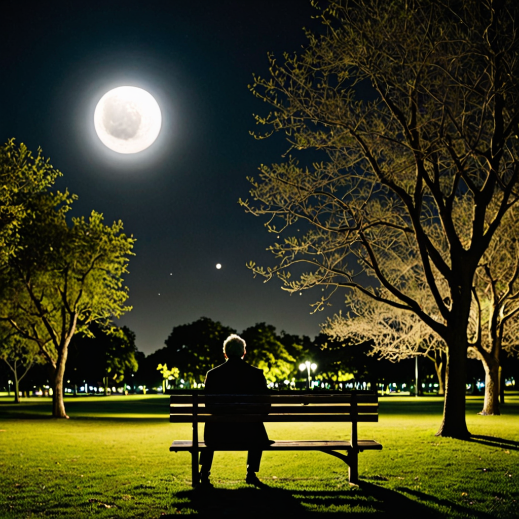 a man sitting on a bench in a secluded park, with a moon shining dimly