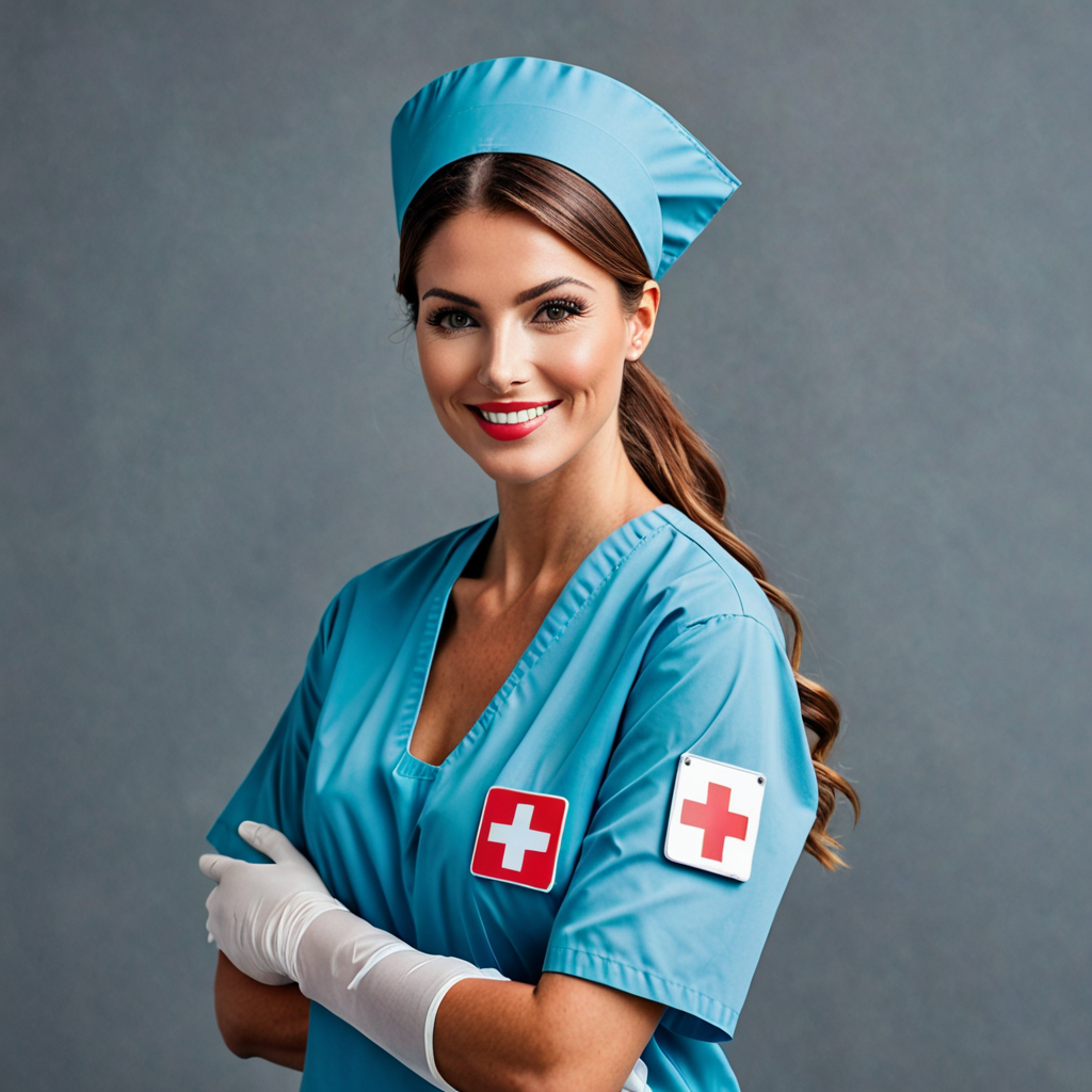 A Nurse in a Beyond Care Scrubs Ad printed on a billboard