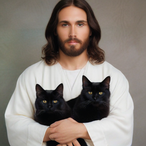 Jesus Christ holding two black cats