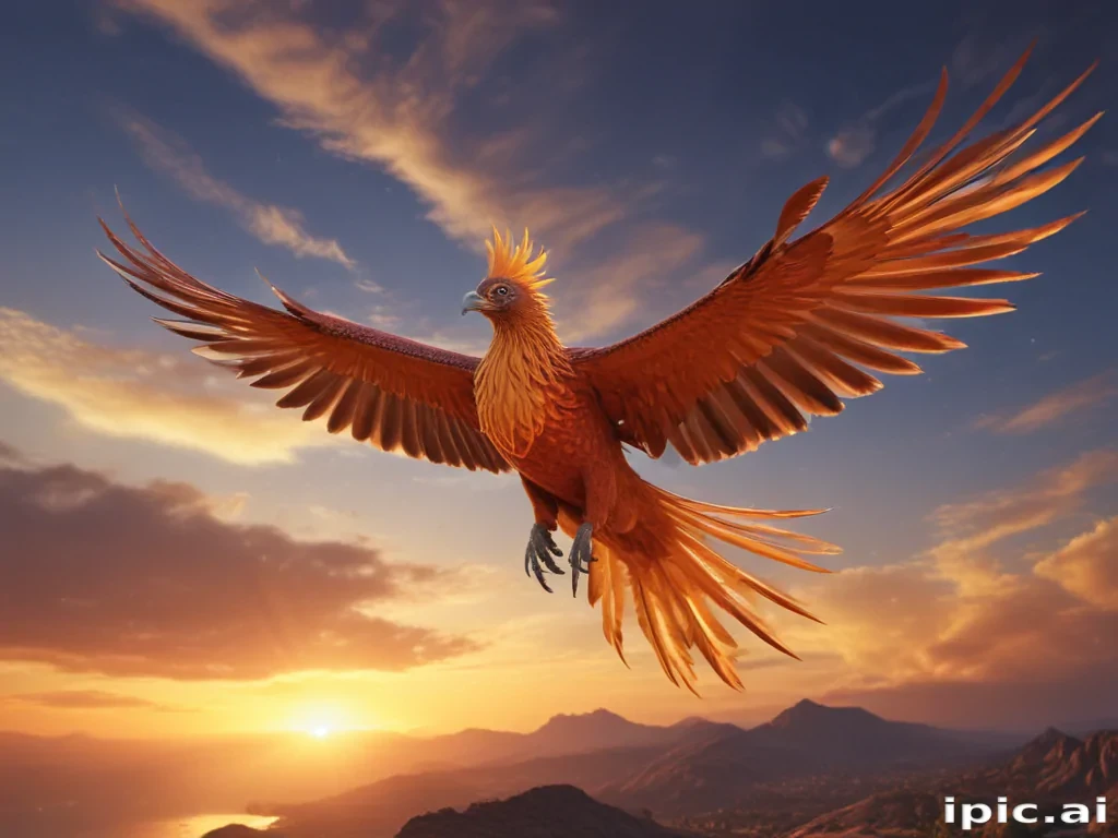 Majestic Firebird Soaring Through a Colorful Sunset Over Mountains.