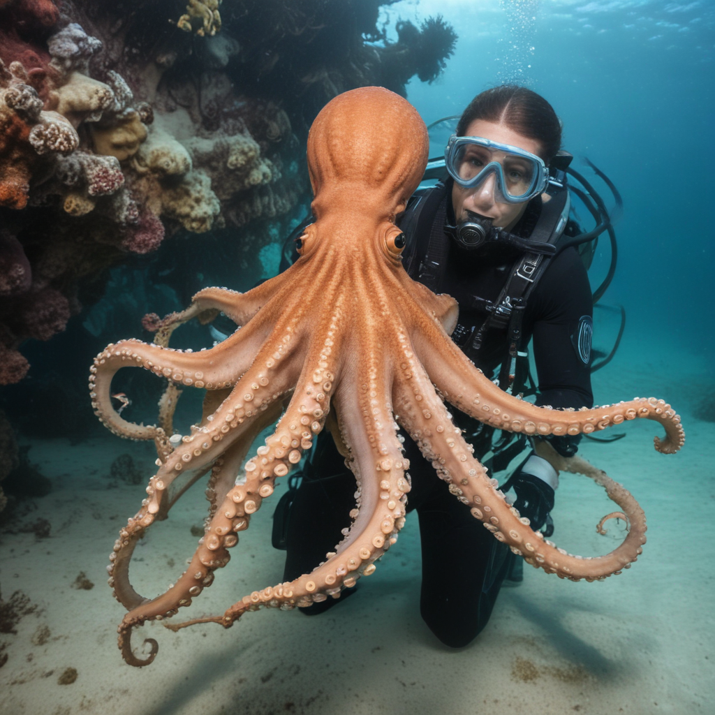 octopus with scuba diver friends