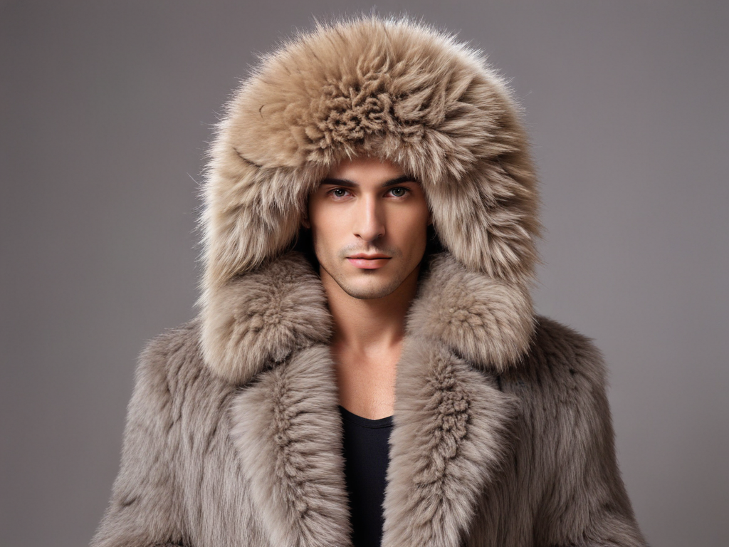 hot man in huge fur jacket with huge fur hat