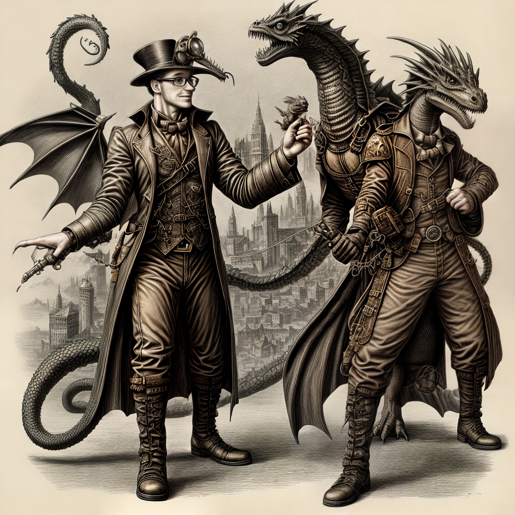 nerd halen in steampunk with pet dragon