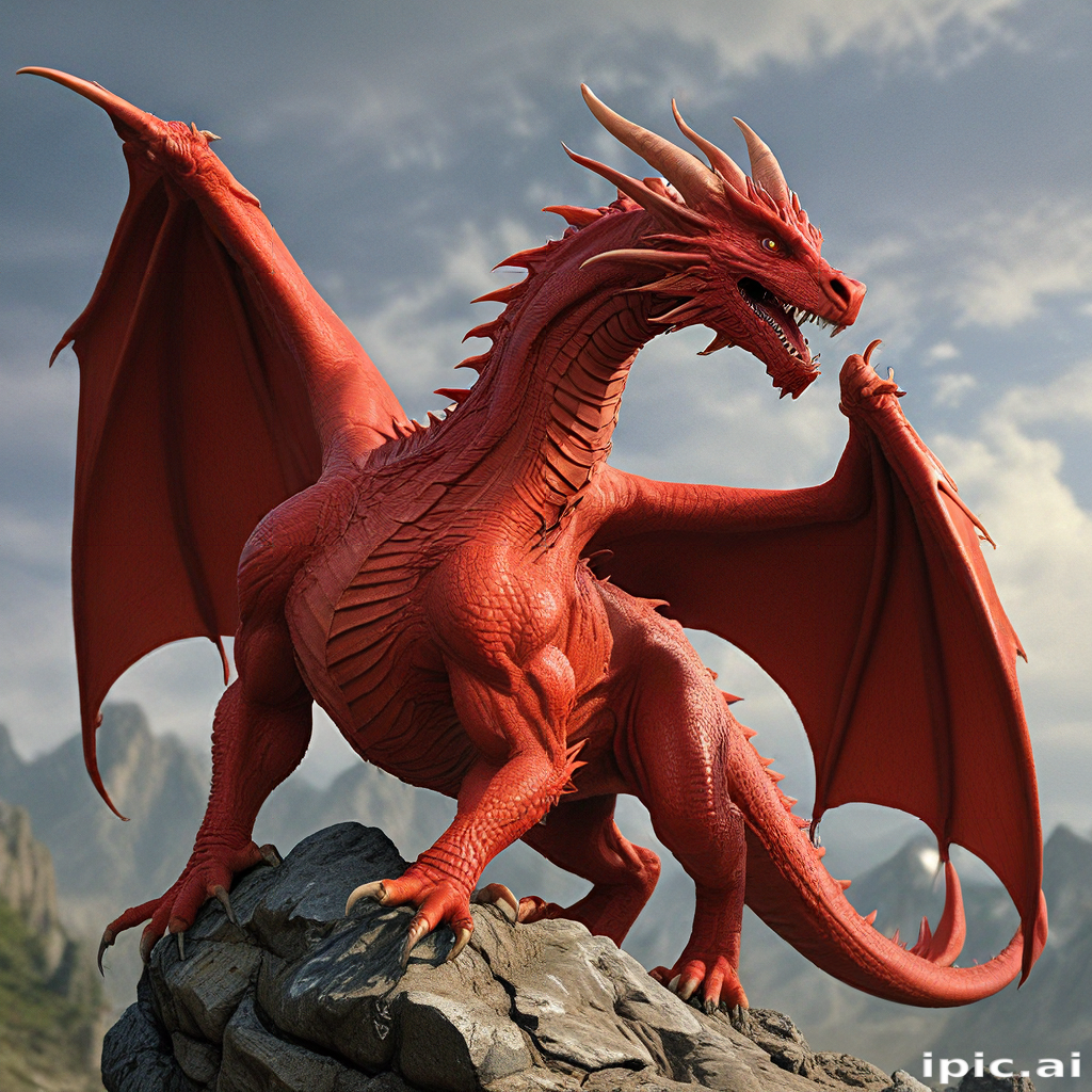 Majestic Red Dragon Perched on Rocky Outcrop with Wings Spread Wide.