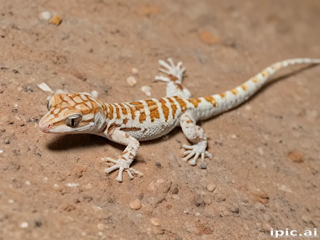 A Colorful Leopard Gecko Crawling on a Sandy Desert Surface.