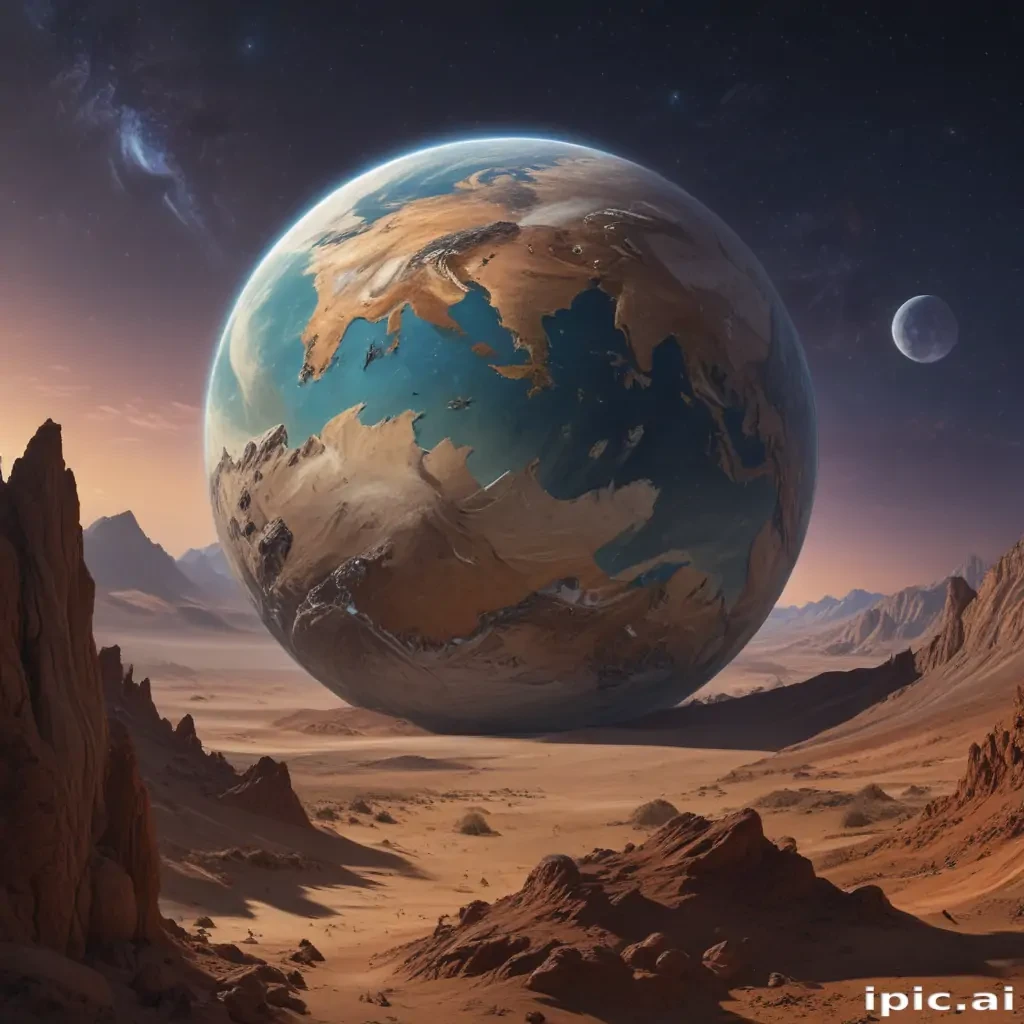 Surreal Landscape Featuring a Floating Earth-Like Planet Above Desert ...