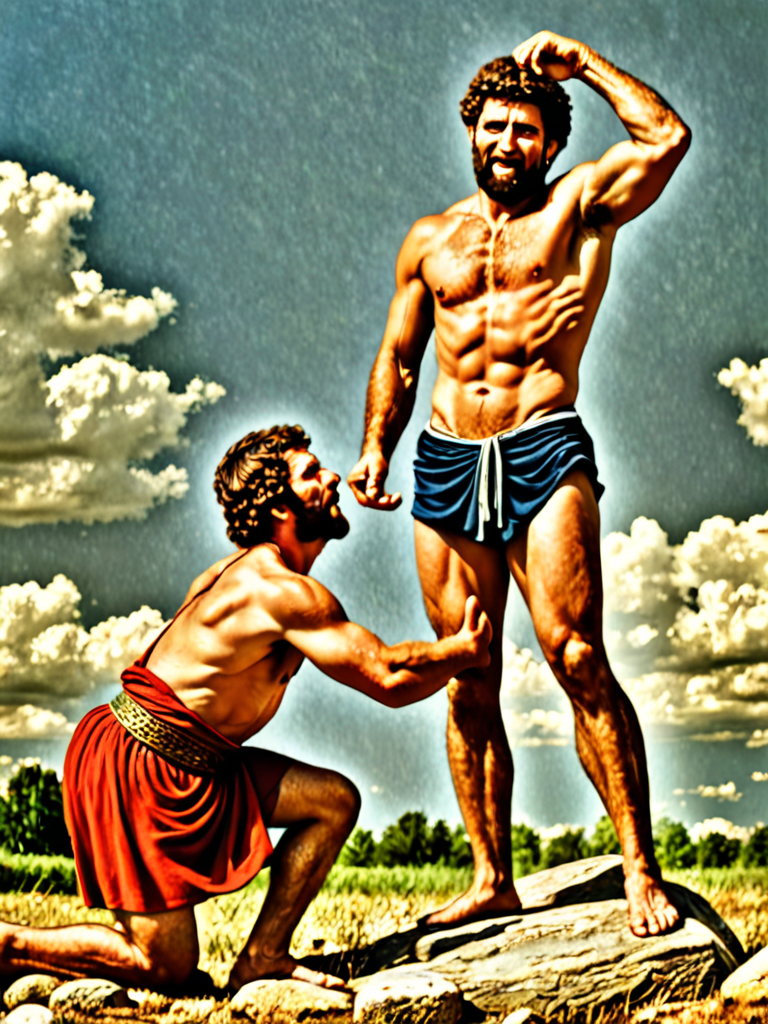 David throwing stone at Goliath