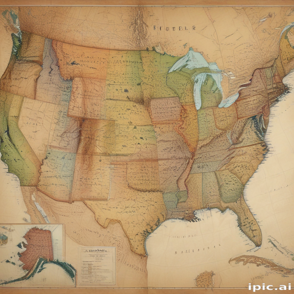 Historical Map of the United States Featuring States and Territories in ...