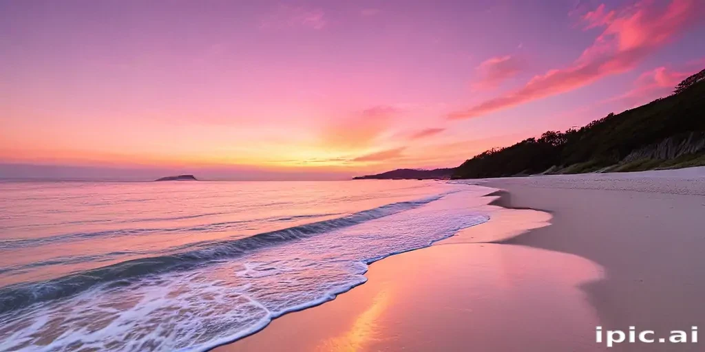 Tranquil Sunset Over Serene Beach with Gentle Waves and Soft Colors