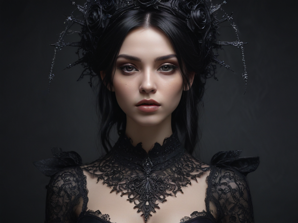 Elegant Gothic Portrait of a Woman in Intricate Dark Lace Attire