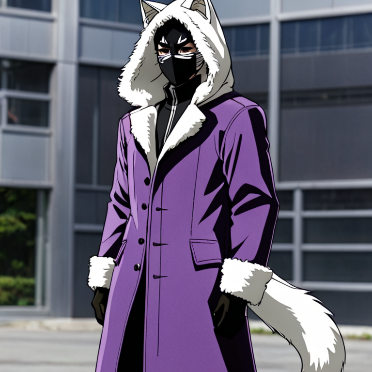 masked man in long purple overcoat with white fur with hood and cat ...